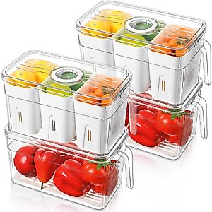 Blushtier 4 Pcs Fridge Organizer Bins with Compartment and Drain Tray and Lid Handle Plastic Stackable Timer Keep Fresh Sealed Food Storage Container for Vegetables Fruit Salad,11 x 6.2 x 6.2 Inch