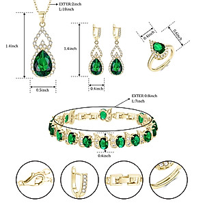 Mayfox Bridal Cubic Zirconia Open Ring Bracelet Necklace Dangle Earrings Set, Waterdrop Oval White Gold Plated Jewelry Gifts for Women Green_Gold Tone