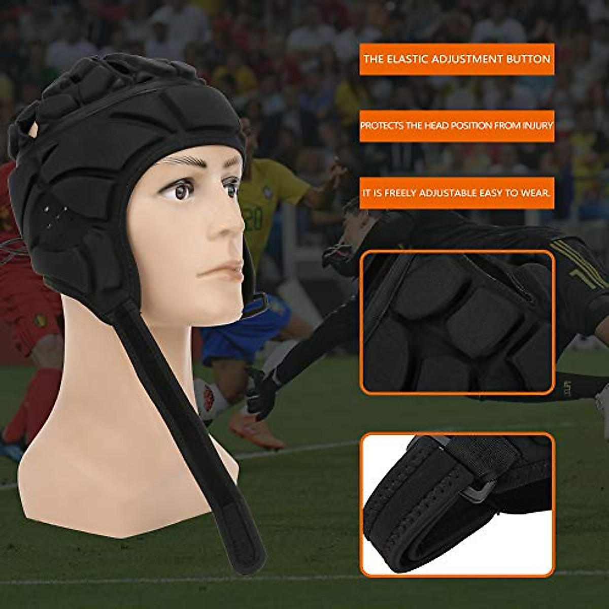 Goalkeeper Helmet, Prevent Injury Sports Head Protector Round Hole Elastic Button EVA Adjustable Strap for Outdoor Use(Black s)