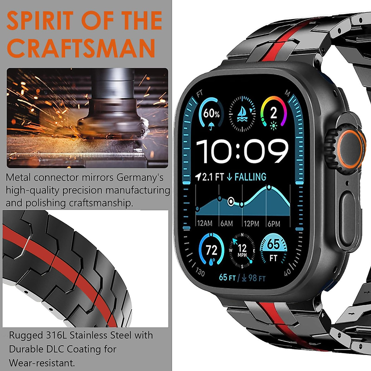 WINGLE Metal Band for Apple Watch Band Ultra 2/Ultra Band 49mm Men, Series 10 46mm, 9/8/7 45mm, SE/6/5/4 44mm, 3/2/1 42mm, Stainless Steel Bands with Folding Clasp iWatch Strap Bracelet, Black/Red