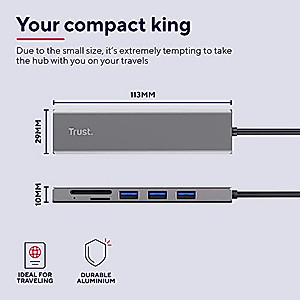 Trust 24191 Halyx Fast USB-C Hub and Card Reader, 3 Extra Ports, 5Gbps with USB 3.2 Gen 1, SD and Micro-SD Card Reader 104 MB/s, (Micro) SD, SDHC and SDXC up to 2 TB
