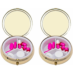 Set of 2 Circular Embossed Triple-Compartment Pocket Purse Pill Box & Organizer (Large Gold Curved)