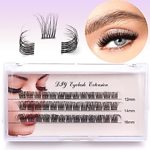 Veleasha DIY Eyelash Extension Individual Lashes with Clear Band D Curl Lash Extension Strip 39 Clusters Reusable Wispy False Eyelashes for Personal DIY at Home / FD02 12-16MM