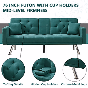 mikibama 76 Inch Futon Sofa Bed with Cup Holders, Linen Convertible Folding Futon Couch with Adjustable Backrest and Throw Pillows for Living Room, Tufted Sleeper Sofa with Metal Legs (Teal)