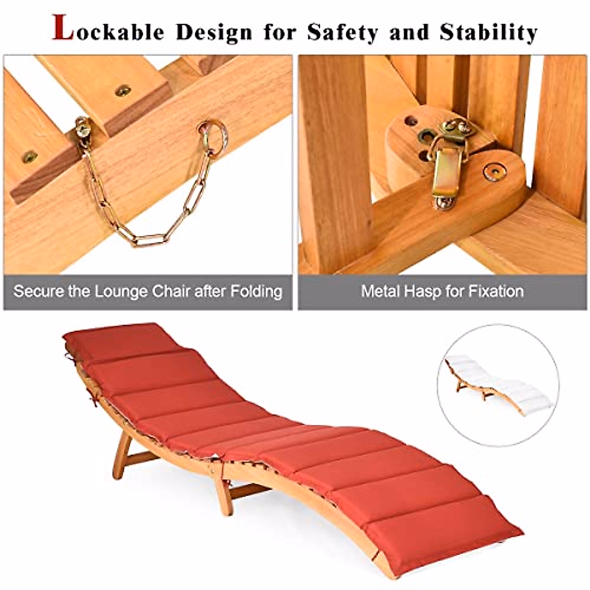 Tangkula Folding Patio Lounge Chair, Solid Eucalyptus Wood Sun Lounger Chair, with Double-Sided Cushioned Seat for Garden Lawn Backyard, Portable Chaise with Foldable Headrest (1)