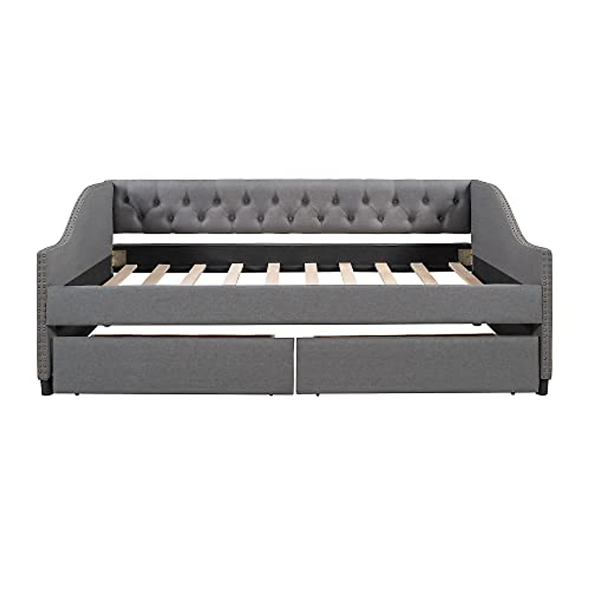 Upholstered Full Daybed with Two Storage Drawers, Full Size Button Tufted Sofa Bed Daybed with Nailhead Trim and Wood Slat Support (Grey Fabric)
