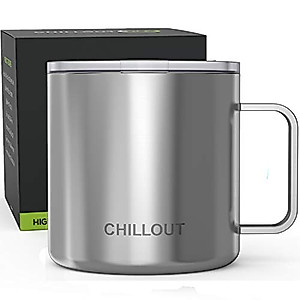 CHILLOUT LIFE Stainless Steel 16 oz Vacuum Insulated Coffee Mug with Handle and Lid, Large Thermal Camping Coffee Mug Cup with Durable Sliding Lid for Men & Women, Keeps your Beverages Hot & Cold