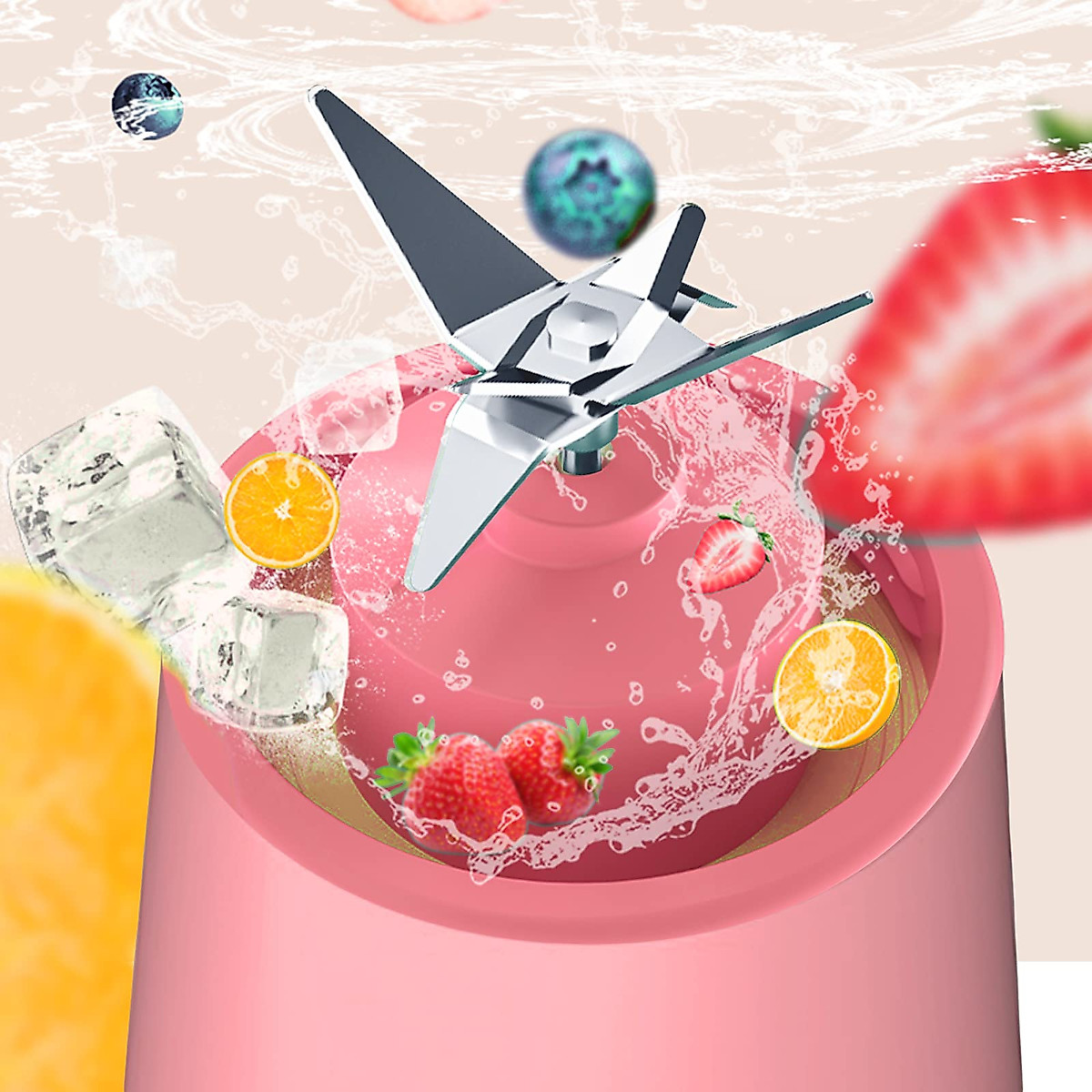 Personal Blender for Shakes and Smoothies, USB Rechargeable Shaker, Portable Juicer with Six Cutters, 380ML Juice Bottle for Travel Gym（Pink）