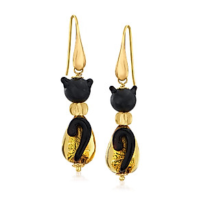 Ross-Simons Italian Black and Golden-Hued Murano Glass Bead Cat Drop Earrings With 18kt Gold Over Sterling