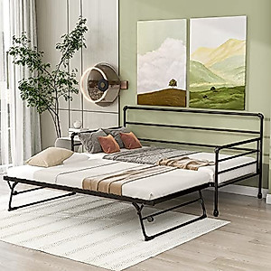 FULLJOJOR Daybed with Pop Up Trundle, Metal Daybed with Trundle & Pull-Out Trundle Set with Lockable Casters, Twin Platform Bed Sofa Bed for Living Room, Guest Room, No Box Spring Needed