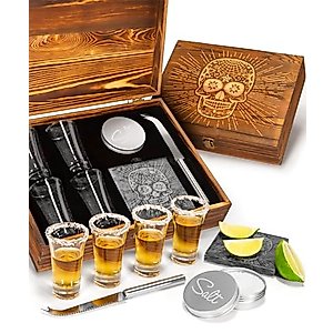 Atterstone Tequila Shot Glass Sugar Skull Wooden Box Set for Men and Women - 4 Premium Shot Glasses, Garnish Knife, Lime Cutting Stone, Salt Tin, Perfect for Themed Parties