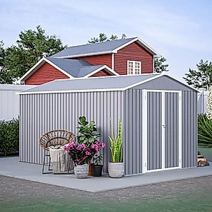 Ball & Cast 8x12 FT Storage Shed with Lockable Doors,All Weather Outdoor Metal Tool House W/Floor Frame and 2 Vents,for Backyard,Patio,Lawn,Garden,Grey