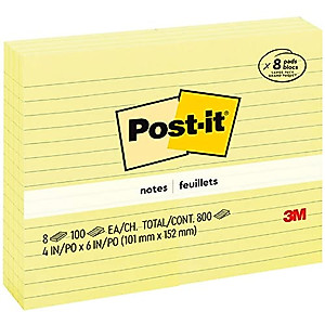 Post it® Notes, 4" x 6", Lined, Canary Yellow, Pack Of 8 Pads