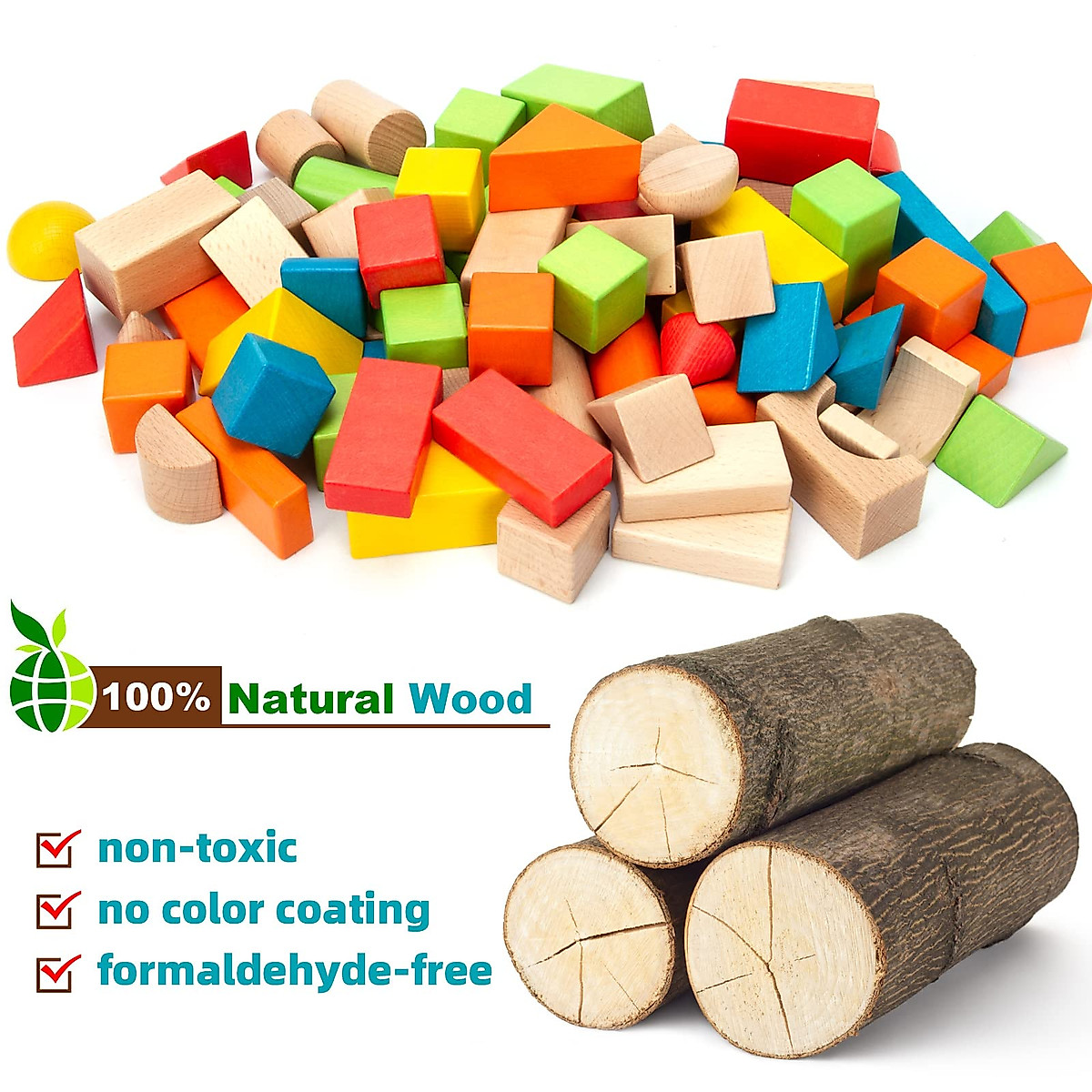 Wooden Building Blocks Set - Stacker Stacking Preschool Learning Educational Toys with Carrying Bag, Toddler Toys for 3+ Year Old Boy and Girl Gifts (80 Pcs)