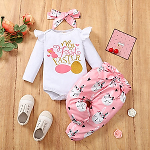 GRNSHTS Baby Girl My First Easter Outfits Infant Letter Print Long Sleeve Romper+Bunny Pants+Headband 3Pcs Clothes (White,6-9M)