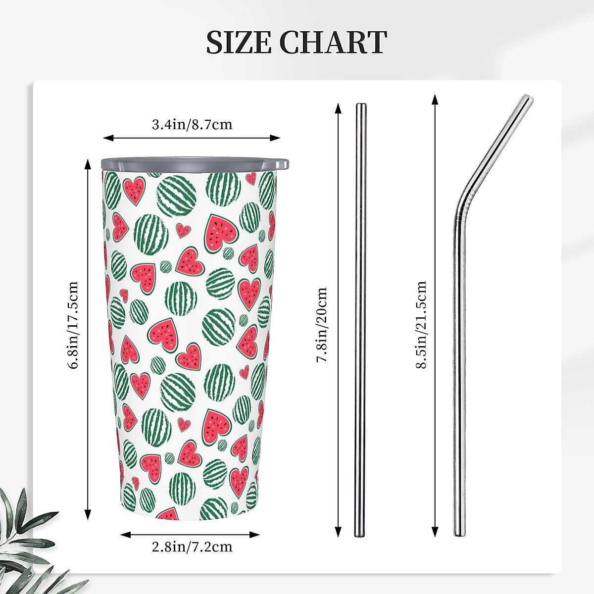 20oz Tumbler Heart Shaped Watermelon Double Wall Vacuum Insulated Coffee Mug with Lid and Metal Straw Brush Reusable Stainless Steel Water Bottle Travel Cup Gifts for Car Ice Drinks Hot Beverage