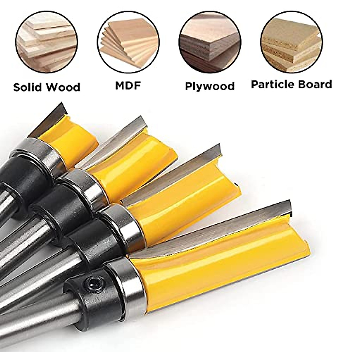 TOOLDO Pattern Flush Trim Bit 4 Pcs Router Bits，Top Bearing Flush Trim Bits Set，1/4 Inch Shank ,Cutting Length 1/2", 3/4", 1", 1-1/2"