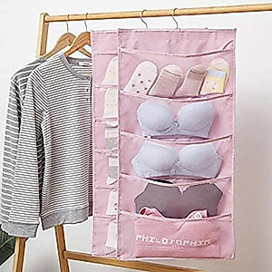 Storage Hanging Bag, Dual-Sided Hanging Bra Storage Organizer with Metal Hanger, Dual-Sided Hanging Storage Organiser for Underwear, Panties,Stocking,Bra and Sock (Expand 5+10 Pockets, Pink)