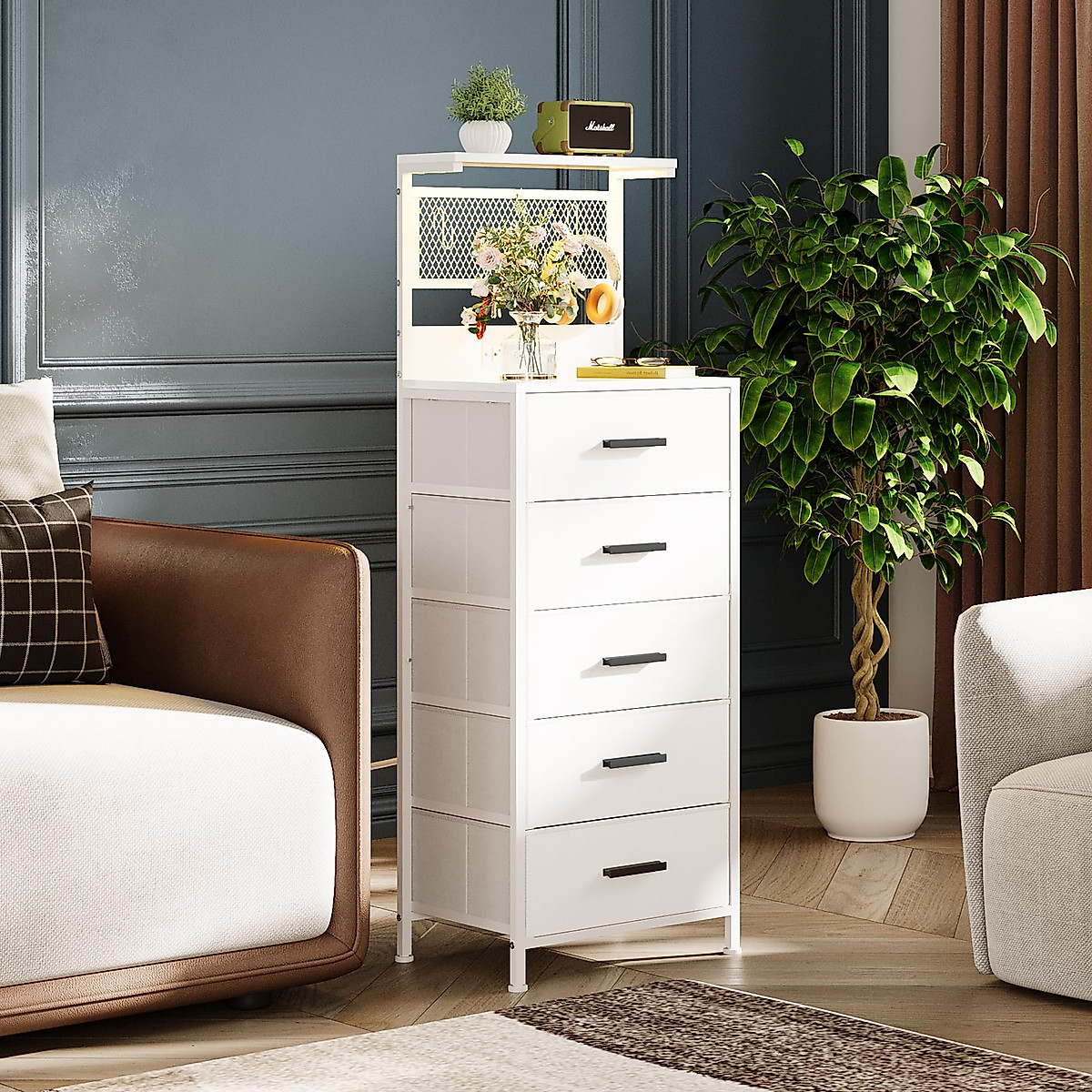 EKNKOZY Nightstand 5 Drawer Dresser with LED Lights, Charging Station, Metal Mesh Shelf with Hooks, Vertical Side Table with Fabric Drawers, End Table, Tall Dresser for Bedroom, Entryway, White