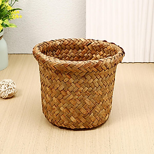 HOLIDYOYO Seagrass Woven Basket Small Countertop Trash Can Mini Wastebasket Woven Plant Pot Holder Pencil Cup Makeup Brush Organizer Farmhouse Home Decor