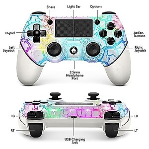 AceGamer Wireless Controller for PS4, White Crack Custom Design with RGB Light,1000mAh Battery and 3.5mm Audio Jack, V2 Gamepad Joystick Compatible with PS4/Slim/Pro and Windows PC! (White-Light Up)