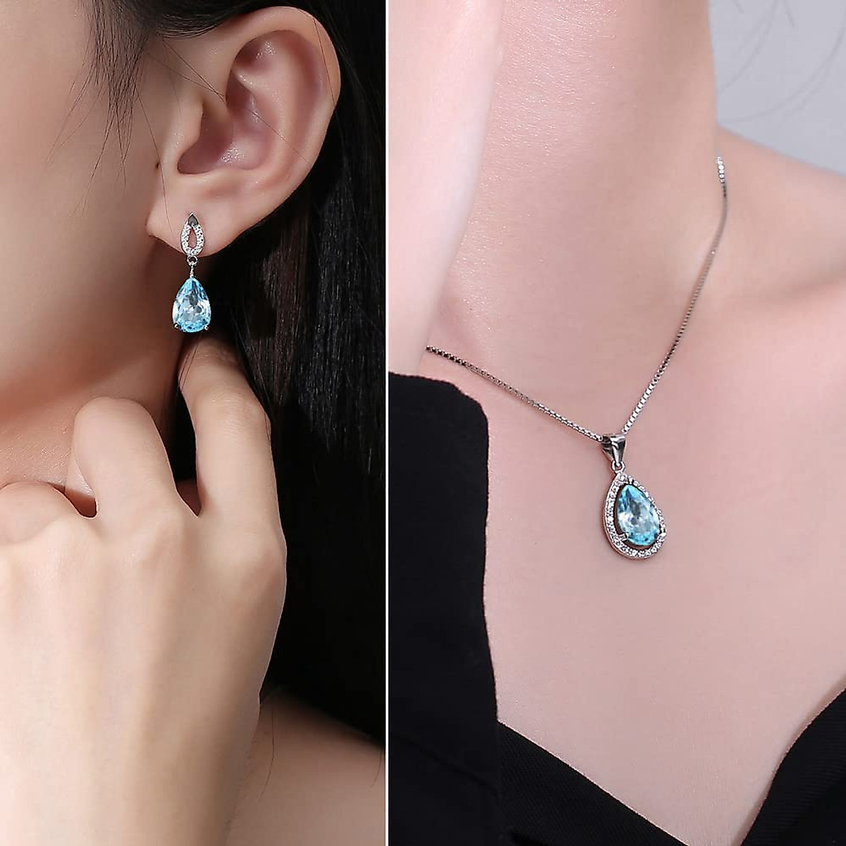JIANGXIN Sky Blue Aquamarine Gemstone 925 Sterling Silver White Gold Plated Fine Jewelry Set for Women Pendant Necklace Stud Earring