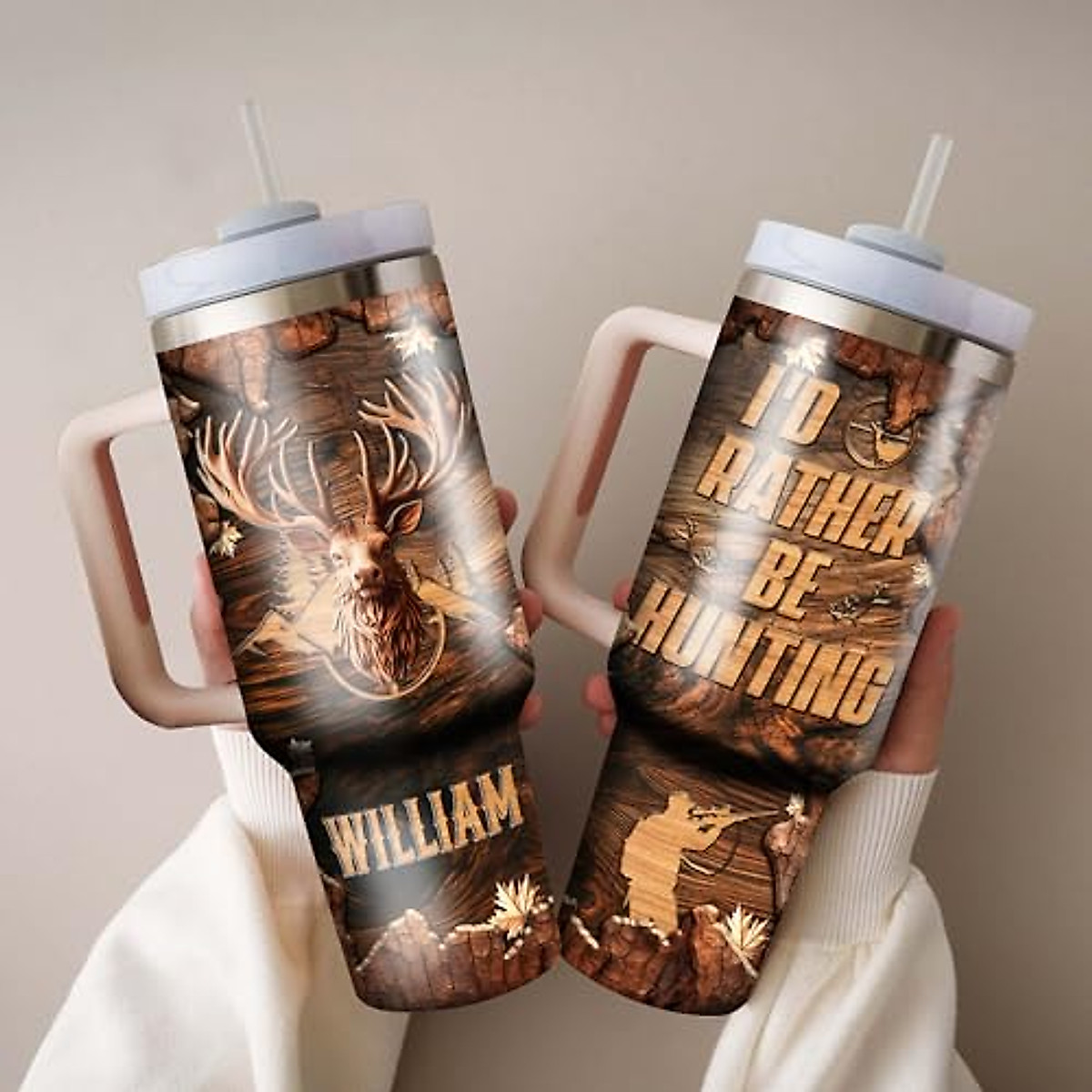 WAZONE Personalized I'd Rather Be Hunting 40oz Tumbler with Handle Lid and Straw Customized Name Stainless Steel Tumblers Travel Mug Cup Gift Birthday Christmas for Women Her Deer Hunter