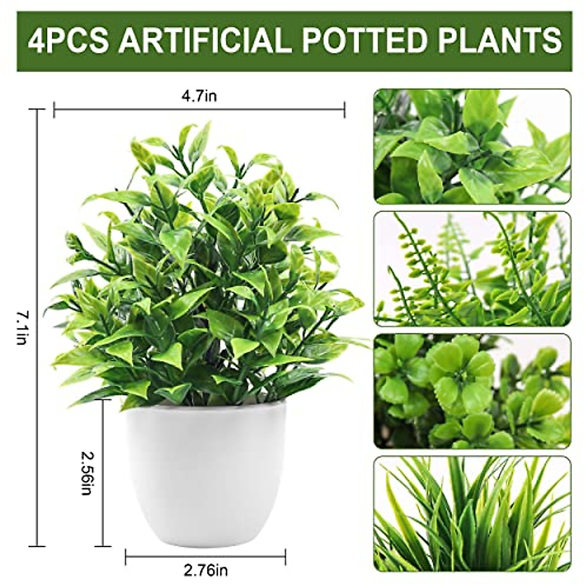 Der Rose 4 Packs Fake Plants Small Artificial Faux Potted Plants for Living Room Home Office Farmhouse Bathroom Kitchen Decor Indoor