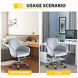 Home Office Desk Chair, Vanity Chair, Modern Velvet Adjustable Low Back Rolling Chair, Twill Upholstered Cute Office Chair, Desk Chairs with Wheels for Bedroom,Vanity Room,Classroom (Dark Gray)