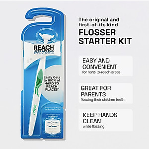 REACH Ultraclean Access Flosser Starter Kit, Unflavored, Plaque Remover for Teeth, for Hard to Reach Areas, Oral Care, PFAS Free, 1 Replaceable Flosser & 8 Refill Heads, 1 Pack