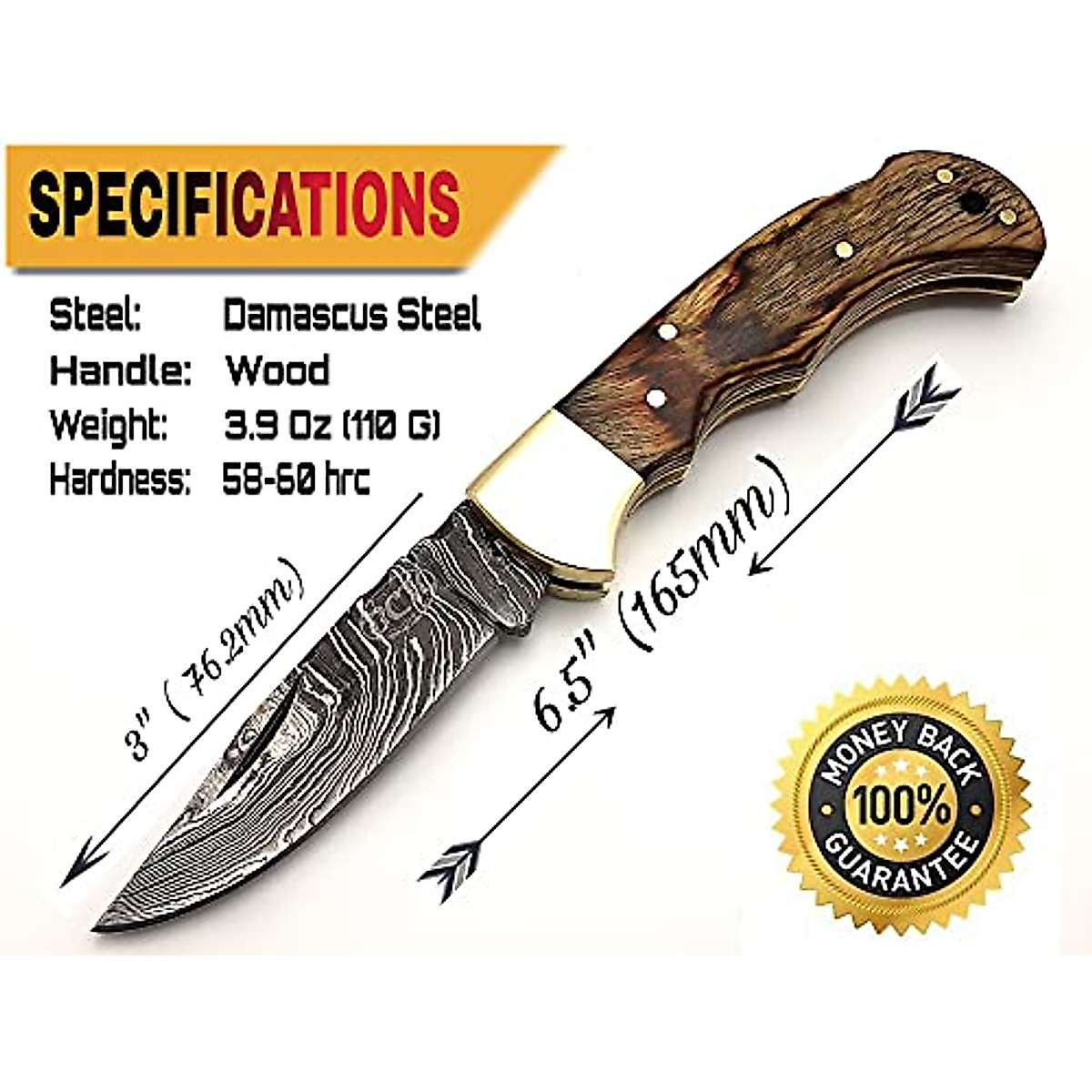 BCK Pocket Knife 4 Pcs Set 6.5" Handmade Damascus Folding Knife Back lock knife Damascus Hunting Knife with Sheath Damascus Pocket Knife for men 100% Prime Quality camping Knife (Brown Wood)