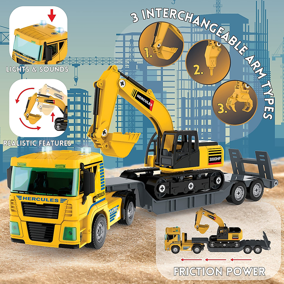 188 PCs Take Apart Excavator and Flatbed Tractor Truck Construction Toys - DIY Building Vehicle Playset Toy w/Drill, Lights & Sounds for Kids, Boys and Girls Ages 5 6 7 8 Years Old