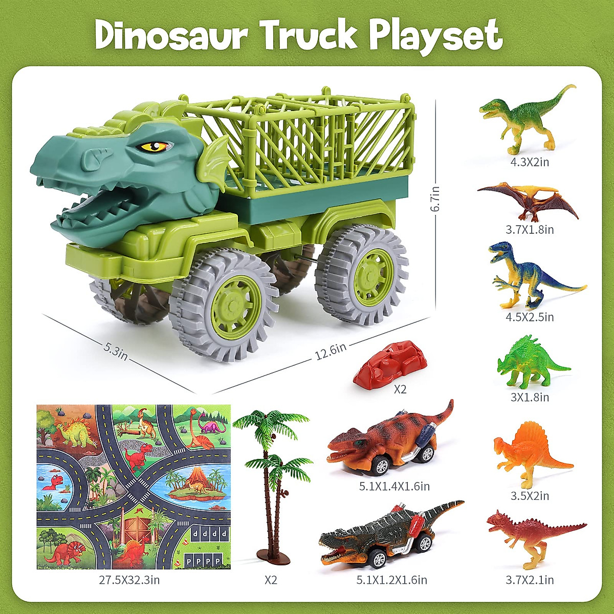 skirtoy Dinosaur Toys for Kids, Dinosaur Transport Truck with Activity Playmat, 2 Friction Powered Vehicles, 4 Colorful Dinosaur Figures, Small Dino Carrier Cars Birthday Gift for Children Age 3-5-7