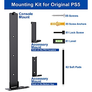 PS5 Wall Mount for PlayStation 5 Disc Edition and Digital Edition (Mount The Console on Wall Near or Behind TV with Invisible Design), Including 2 Accessories Holders (Black) - Not for PS5 Slim