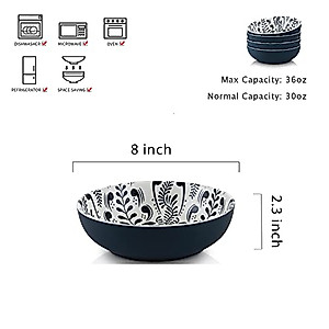 Selamica Ceramic 8-inch Printing Bowls, 30 Ounce Large Pasta Salad Bowls, Wide and Shallow Soup Bowls, Microwave Dishwasher Safe, Set of 4, Blue Floral.