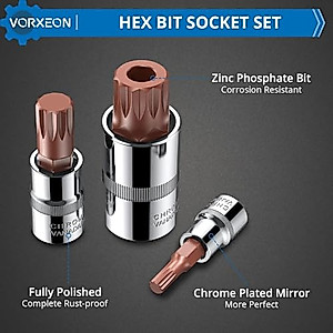 VORXEON 10 Pcs Triple Square Spline Bit Socket Set M4 - M18, S2 Alloy Steel and CR-V XZN Sockets with Storage Case, 1/4” 3/8” 1/2” Drive