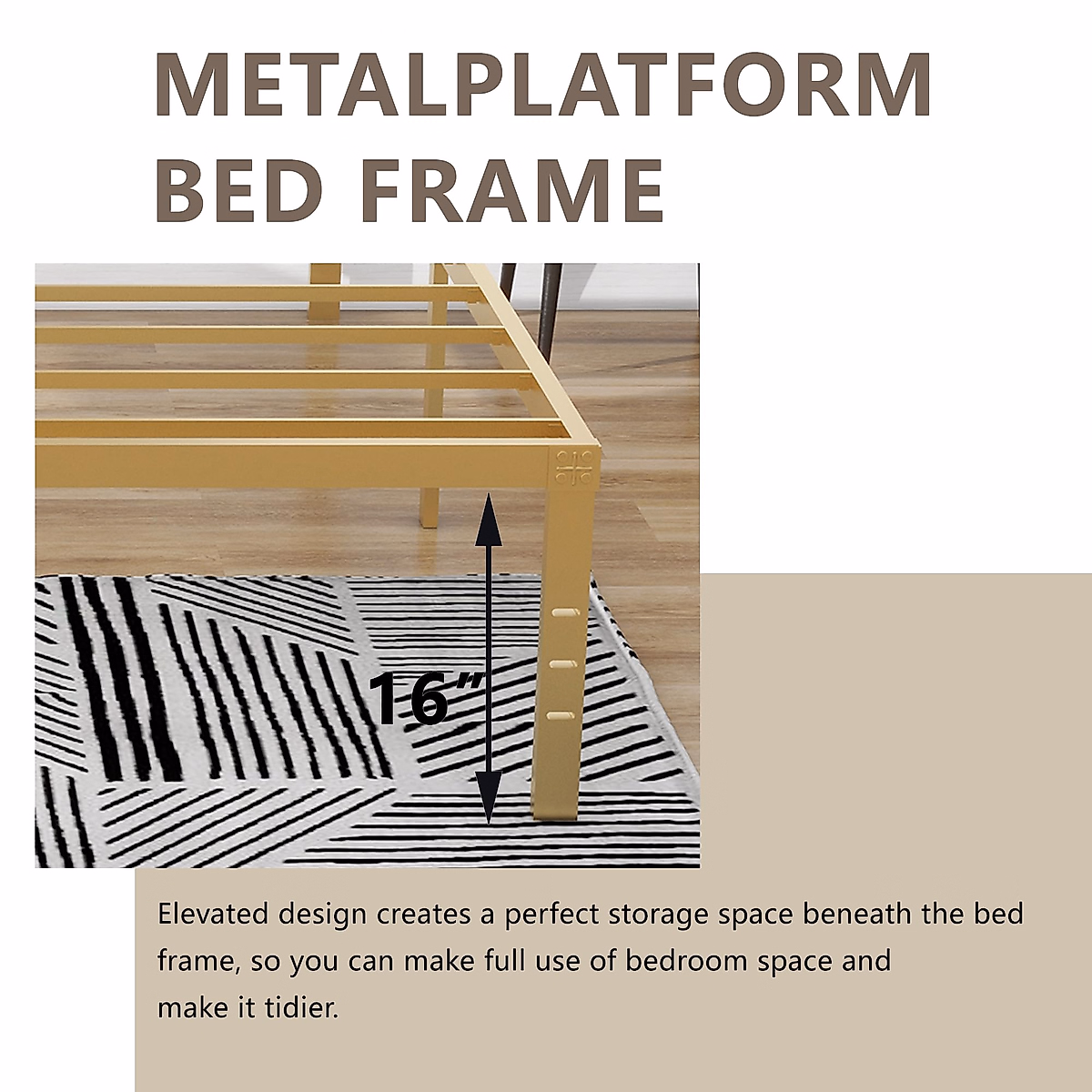 WJORATA 18 Inch Full Bed Frame Metal Platform No Box Spring Needed Noise-Free Easy Assembly Gold