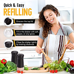 The Original Salt and Pepper Shakers set - Black -Spice Dispenser with Adjustable Pour Holes - Stainless Steel & Glass - Set of 2 Bottles