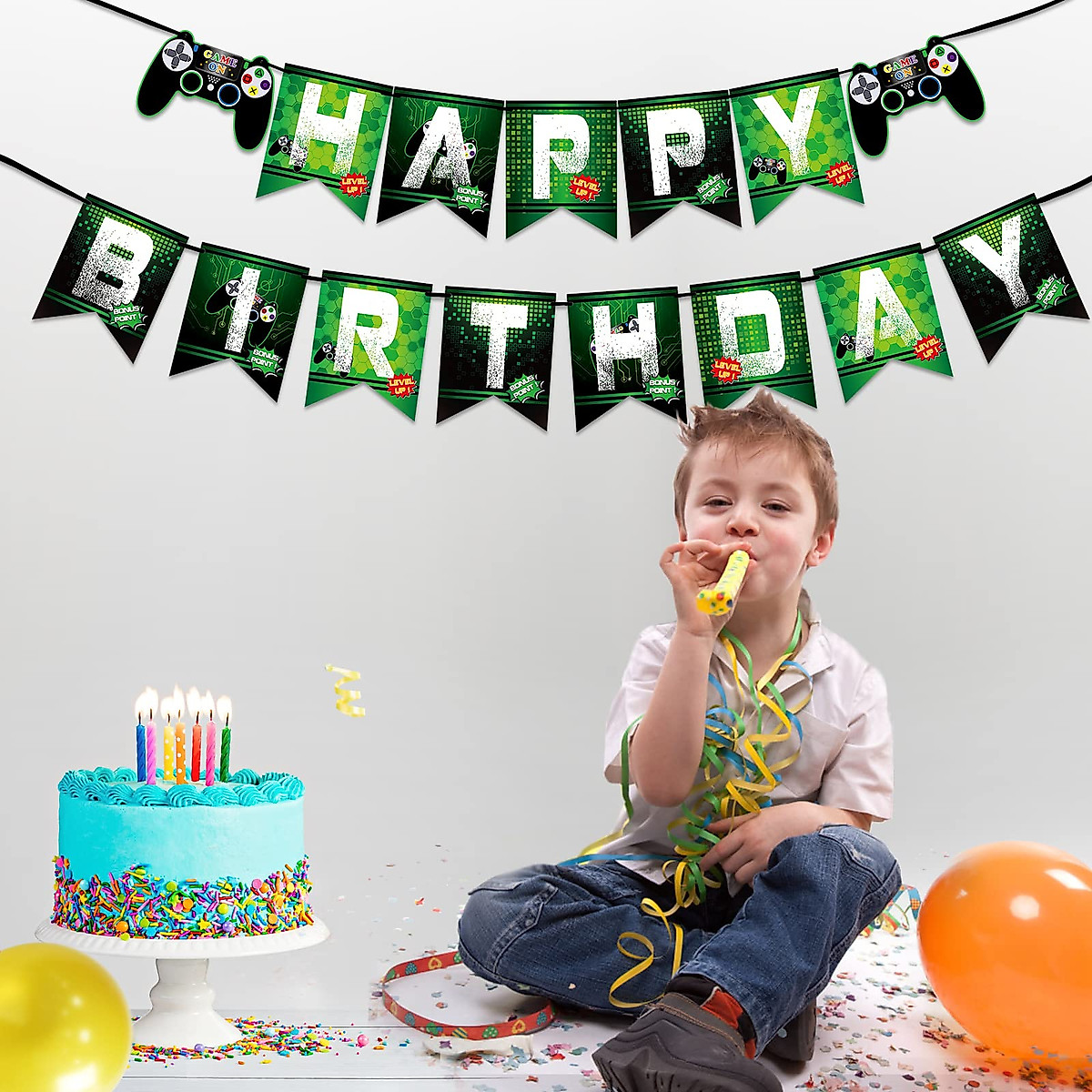 WERNNSAI Game Birthday Banner - Video Game Party Supplies Happy Birthday Bunting Garland for Boys Kids Player Geeks Gaming Themed Party Decorations Assembled