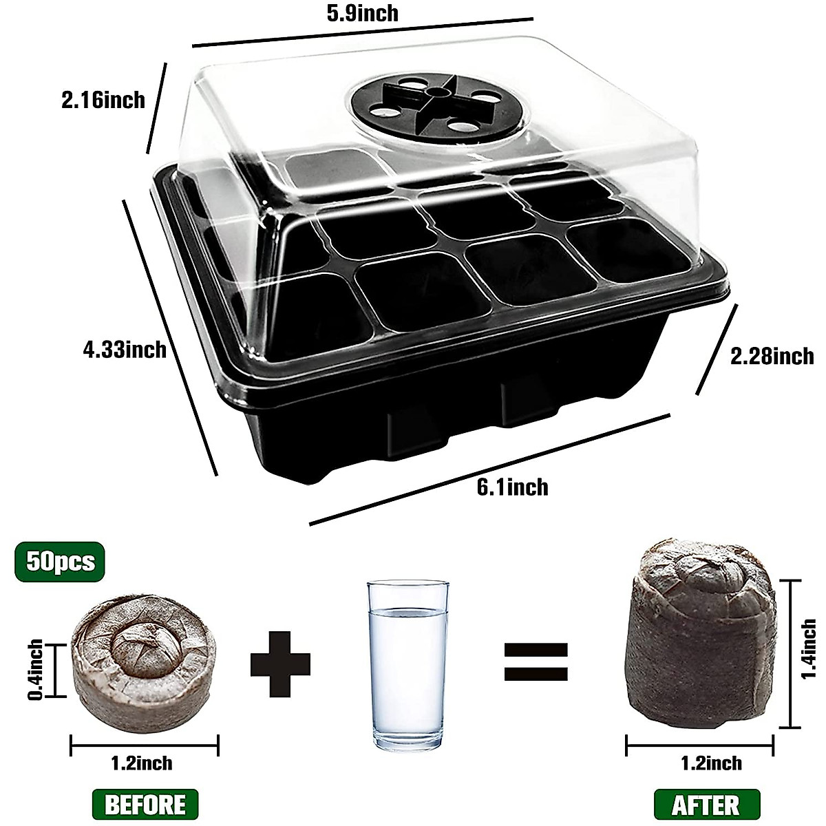 Halatool Seed Starter Kit 4 Pack 48 Cells Black Seed Starter Tray with 50 PCS Peat Pellets for Seedlings Organic Seed Stater Soil Pods for Planting Vegetables Plants Flowers & Starting Seeds