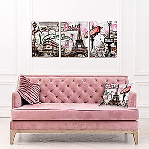 Decor MI Paris Canvas Wall Art Pink Eiffel Tower Paris Decor for Bedroom Canvas Print Wall Art Girls Romantic French Cityscape Framed Print Oil Paintings Living Room Bathroom Kitchen 12x16inch 3 Piece