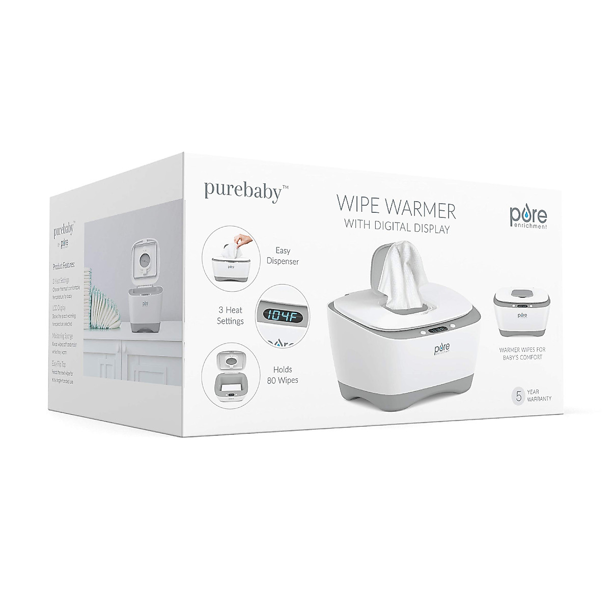 PureBaby™ Wipe Warmer with Digital Display - Easy-Feed Dispenser with 3 Heat Settings, LCD Display, 80 Wipe Capacity, Naturally Steam Heated for Comfort and Safety for Baby