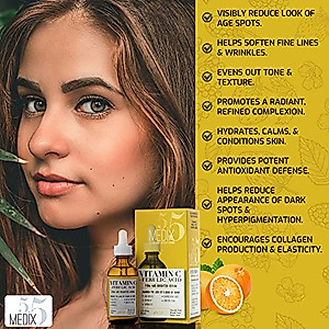 Medix Vitamin C Facial Serum Skin Care Booster For Age Spots, Wrinkles, & Fine Lines. Anti Aging Face Serum W/Glycolic Acid & Hyaluronic Acid Brightens Skin For Healthier Skin Complexion, 1.75 Fl Oz