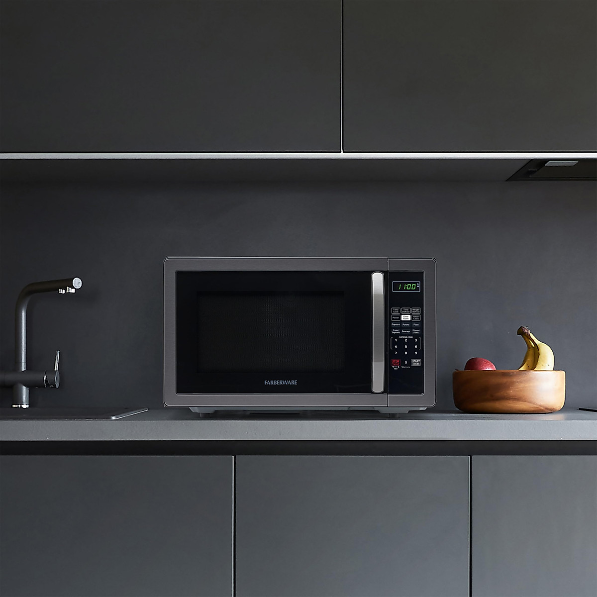 Farberware Countertop Microwave 1000 Watts, 1.1 cu ft - Microwave Oven With LED Lighting and Child Lock - Perfect for Apartments and Dorms - Easy Clean Black Stainless Steel