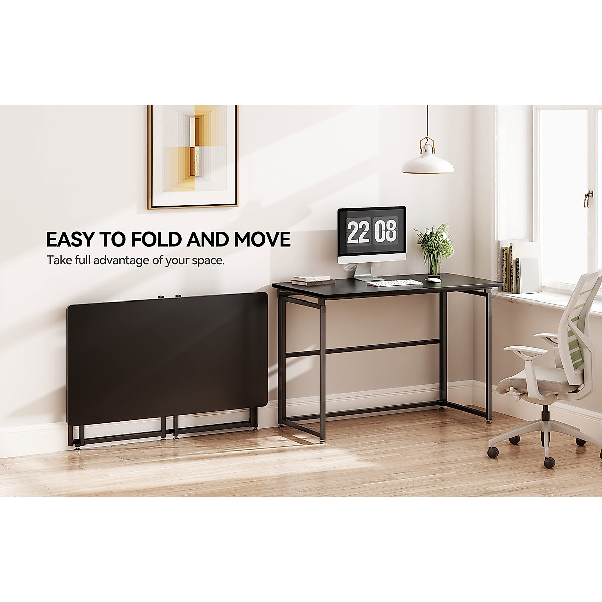 EUREKA ERGONOMIC Folding Desk, Foldable Computer Desk 43 Inch, No Assembly Desk for Study Student Writing Home Office Workstation Bedroom, Portable Desk with Adjustable Feet, Space Saving, Black