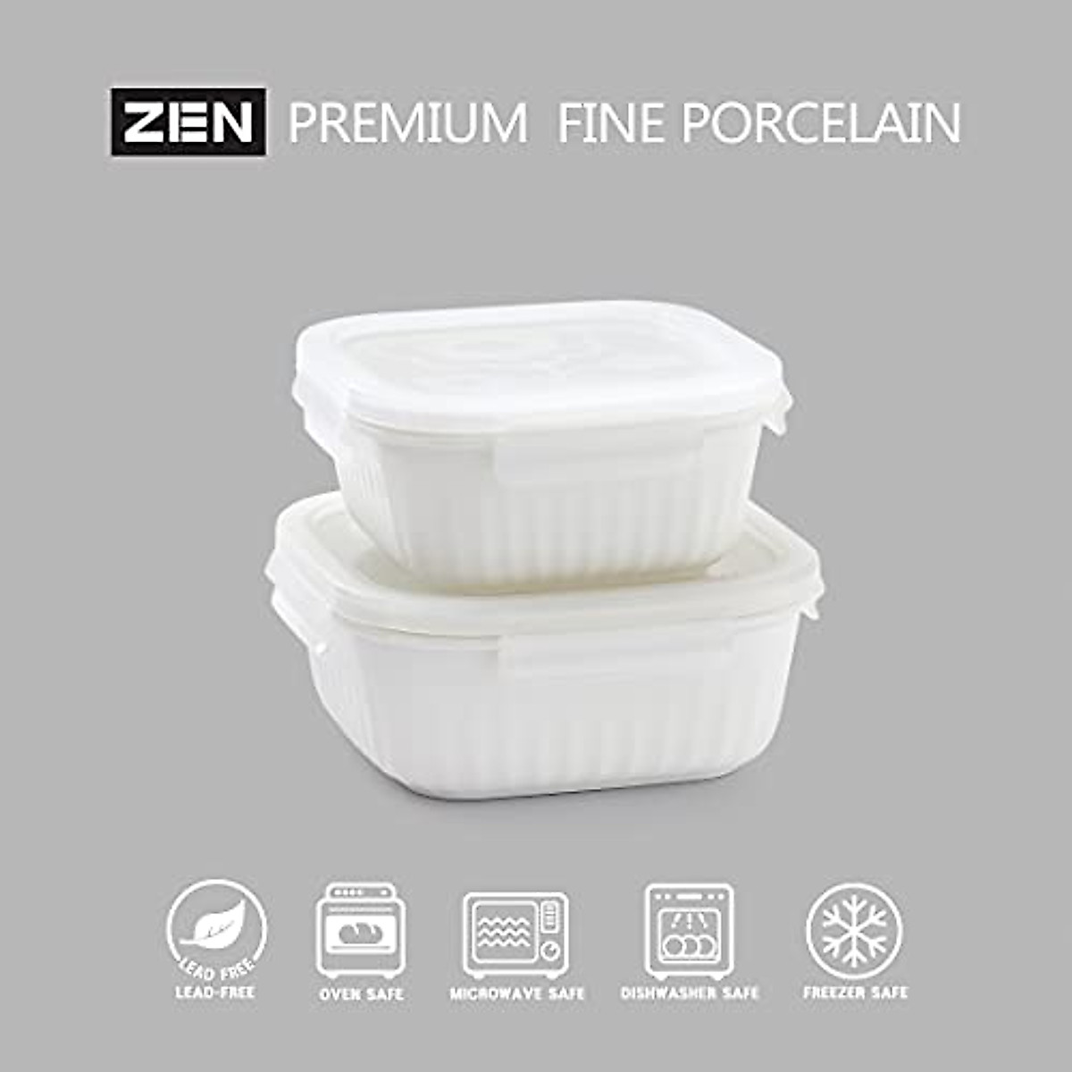 ZEN Pleats Porcelain Serve and Store Airtight Container 15&21oz Square Boxes Set of 2 (Mixed Color)