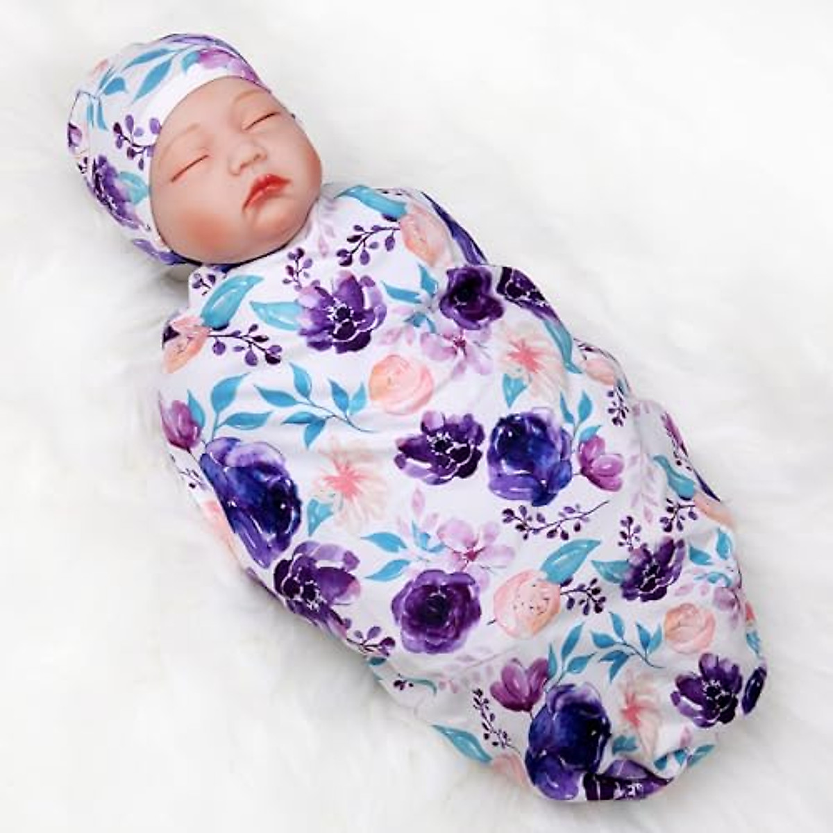 Newborn Receiving Blanket Girl, Stretchy Baby Swaddle Blankets Headband Hat Set, New Born Hospital Outfit Infant Shower Gift, 0-3 Months, Purple Floral