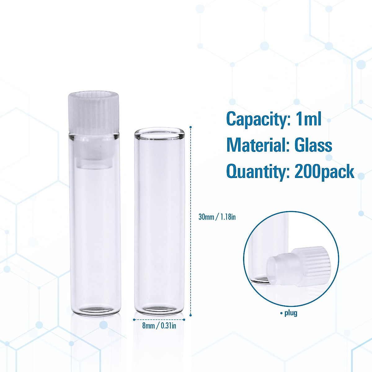 ALWSCI 1 ml Shell Vial, Flat Base Clear Glass, 8x40 mm, 8 mm PE Plug, Transparent, 200 pcs/pk