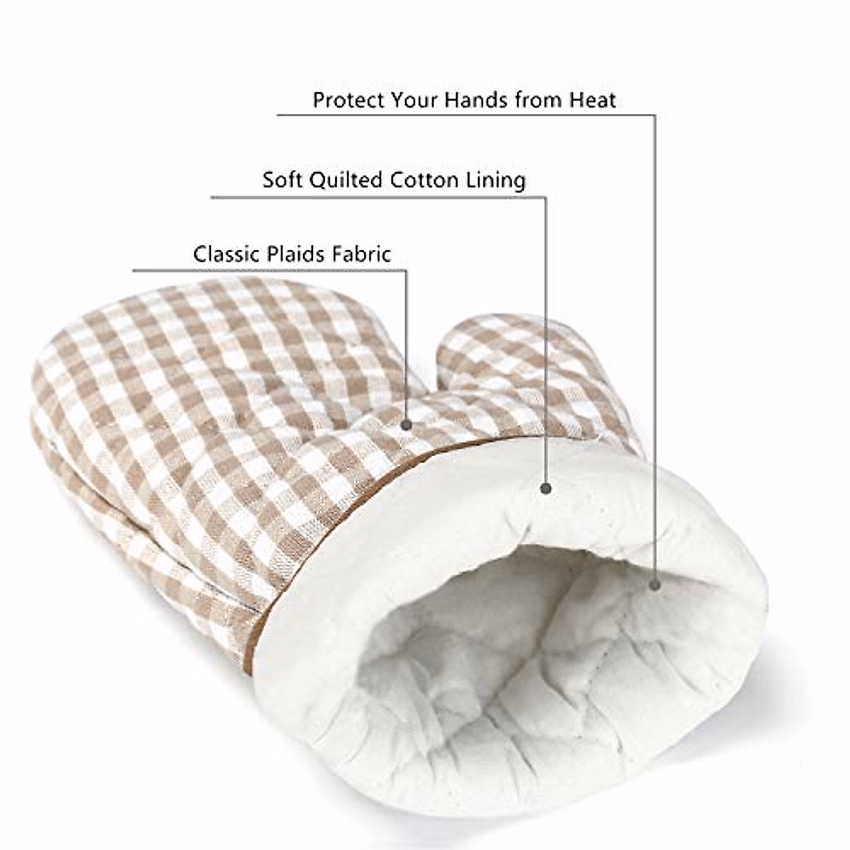 Oven Mitts and Pot Holders, 5 pcs Heat Resistant Cotton Vintage Gingham Oven Mitts and Potholders Hot Pads Mats Coasters Set for Cooking Baking (Light Brown Set)