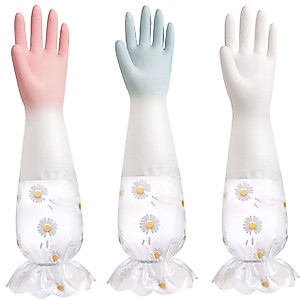 Dishwashing Rubber Cute Patterned Gloves,3 Pairs Reusable Kitchen Cleaning Gloves Long Cuff and PVC with Soft Lining